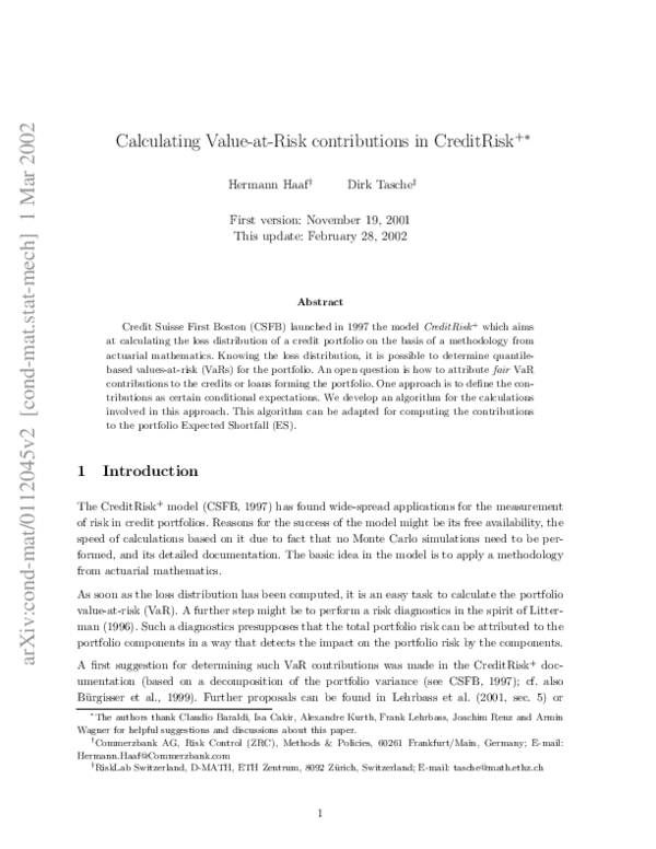 (PDF) Calculating Value-at-Risk contributions in CreditRisk+