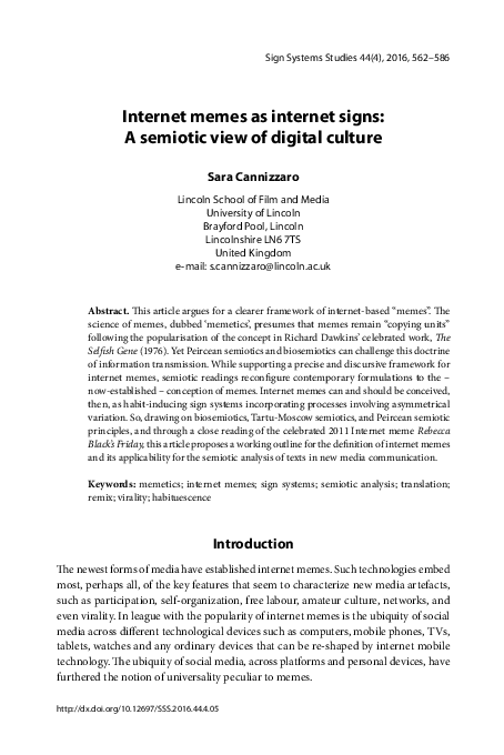 (PDF) Internet memes as internet signs: A semiotic view of digital culture