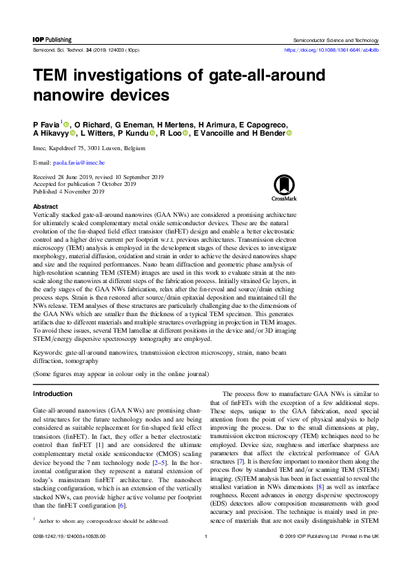 (PDF) TEM investigations of gate-all-around nanowire devices