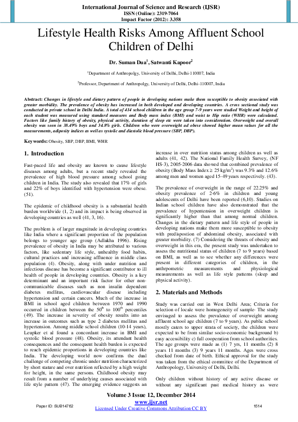 (PDF) Lifestyle Health Risks Among Affluent School Children of Delhi ...