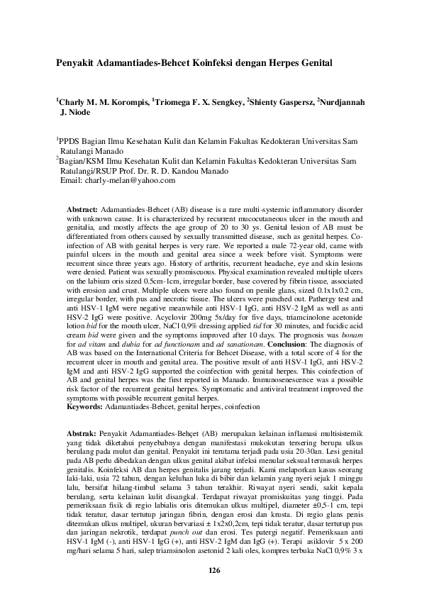 (PDF) Penyakit Adamantiades-Behcet Koinfeksi dengan Herpes Genital