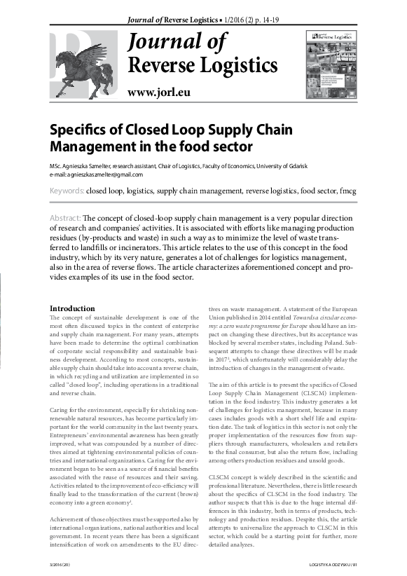 (PDF) Specifics Of Closed Loop Supply Chain Management In The Food Sector