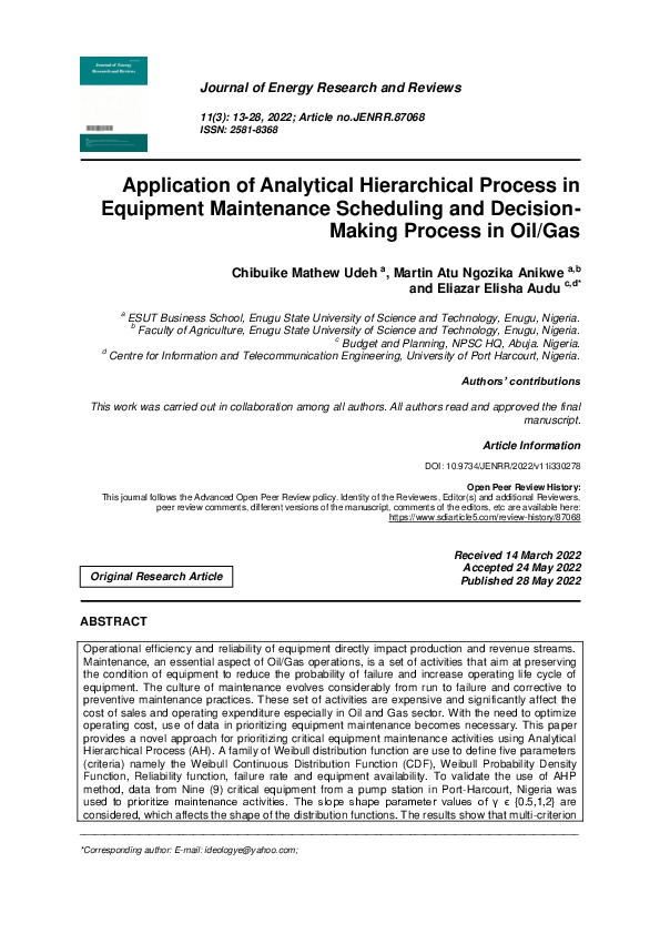 (PDF) Application of Analytical Hierarchical Process in Equipment Maintenance Scheduling and ...
