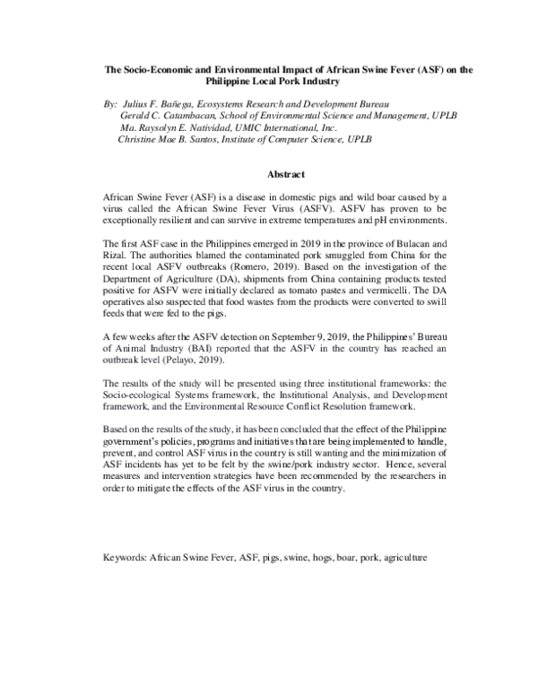(PDF) The Socio-Economic and Environmental Impact of African Swine ...