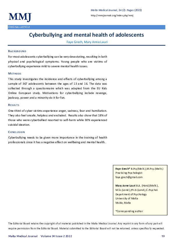 (PDF) Cyberbullying and Mental Health of Adolescents