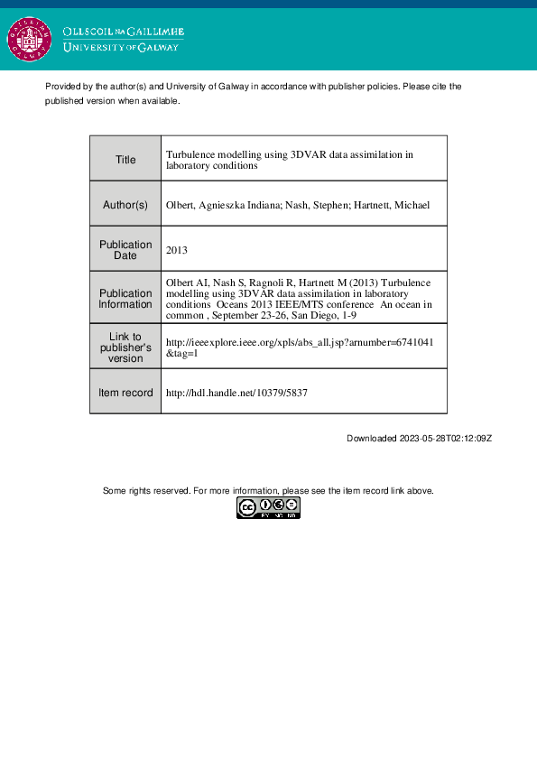(PDF) Turbulence modelling using 3DVAR data assimilation in laboratory ...