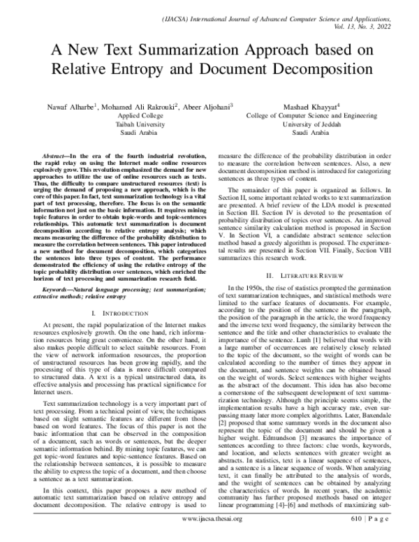 (PDF) A New Text Summarization Approach based on Relative Entropy and Document Decomposition