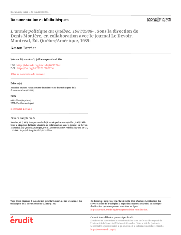 (PDF) L’année politique au Québec, 1987/1988- . Sous la direction de ...