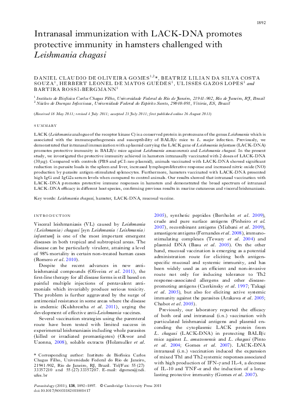 (PDF) Intranasal immunization with LACK-DNA promotes protective ...