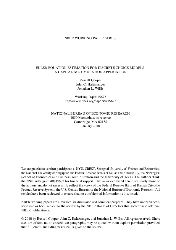 Pdf Euler Equation Estimation For Discrete Choice Models A Capital Accumulation Application