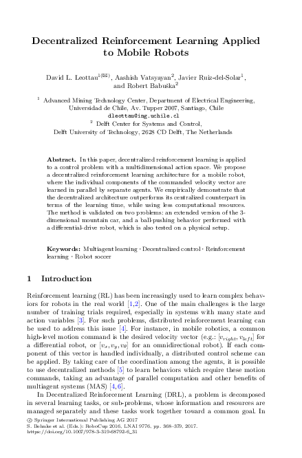 Pdf Decentralized Reinforcement Learning Applied To Mobile Robots