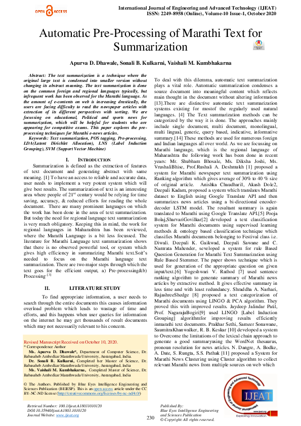 (PDF) Automatic Pre-Processing of Marathi Text for Summarization