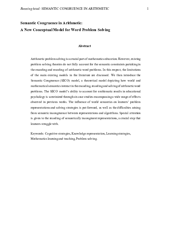 (PDF) Semantic congruence in arithmetic: A new conceptual model for ...