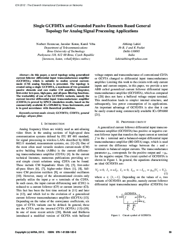 (PDF) Single GCFDITA and Grounded Passive Elements Based General Topology for Analog Signal ...