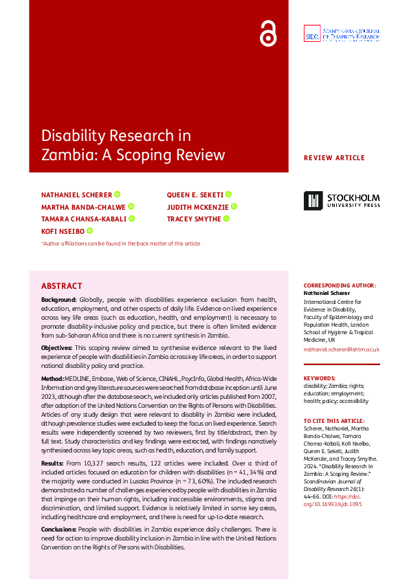 (PDF) Disability Research in Zambia: A Scoping Review