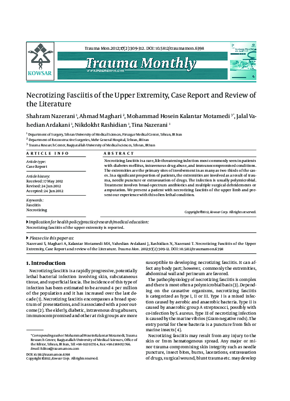 (PDF) Necrotizing Fasciitis of the Upper Extremity, Case Report and ...
