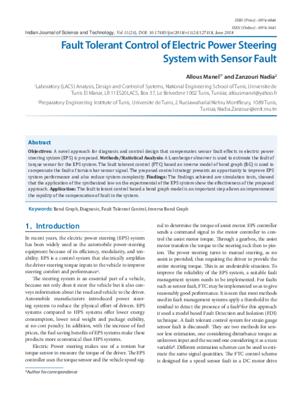 (PDF) Fault Tolerant Control of Electric Power Steering System with Sensor Fault