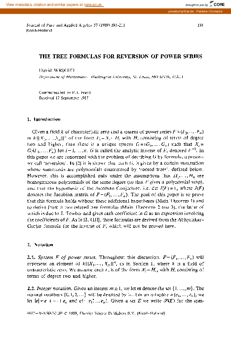 (PDF) The tree formulas for reversion of power series