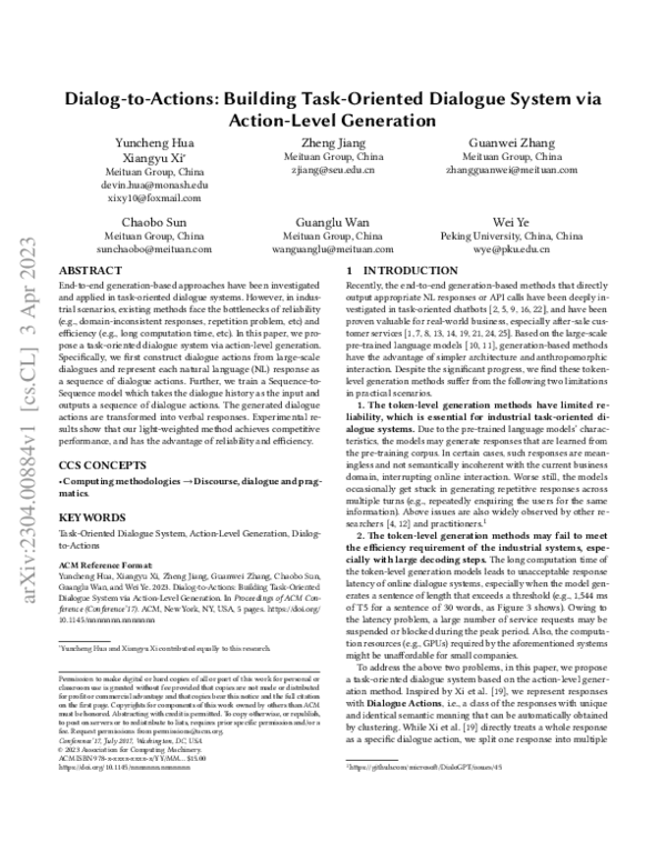 (PDF) Dialog-to-Actions: Building Task-Oriented Dialogue System via Action-Level Generation