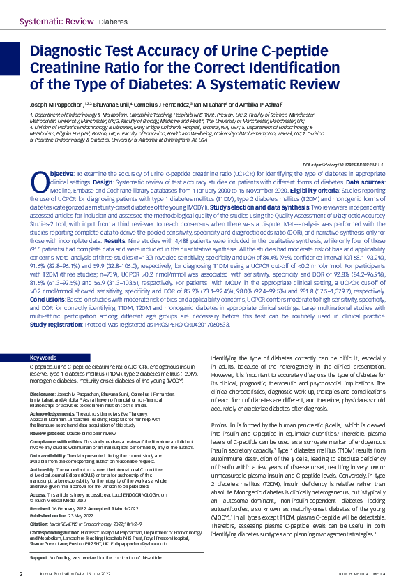 (PDF) Diagnostic Test Accuracy of Urine C-peptide Creatinine Ratio for ...