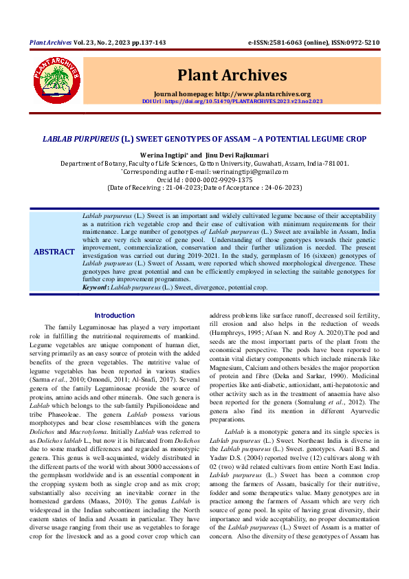 (PDF) LABLAB PURPUREUS (L.) SWEET GENOTYPES OF ASSAM -A POTENTIAL ...