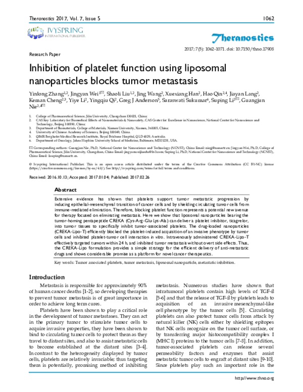(PDF) Inhibition of platelet function using liposomal nanoparticles ...