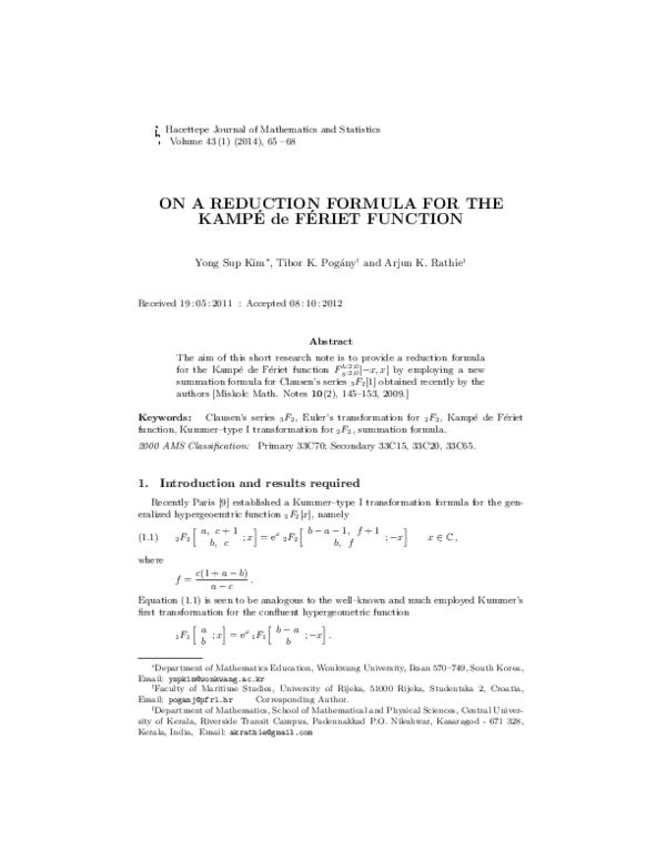Pdf On A Reduction Formula For The KampÉ De FÉriet Function Tibor Pogany