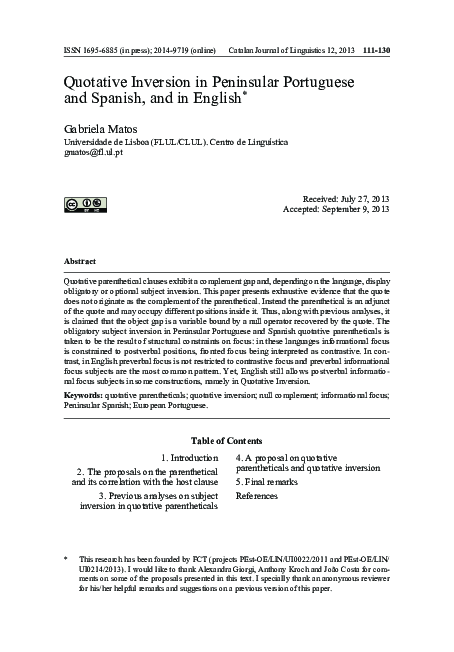 (PDF) Quotative Inversion in Peninsular Portuguese and Spanish, and in ...