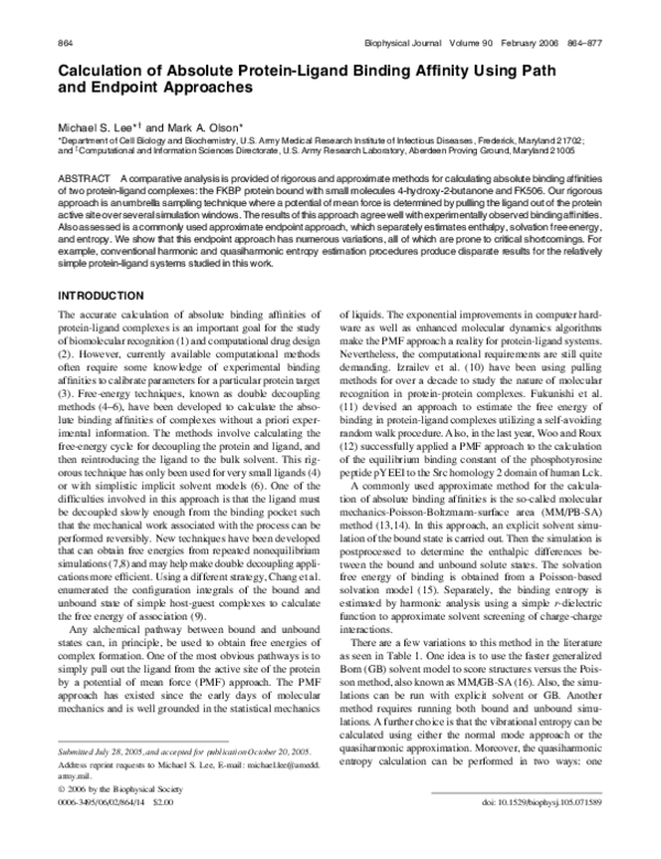 Pdf Calculation Of Absolute Protein Ligand Binding Affinity Using