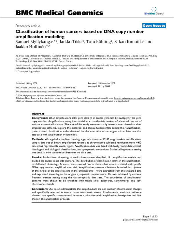 (PDF) Classification of human cancers based on DNA copy number ...
