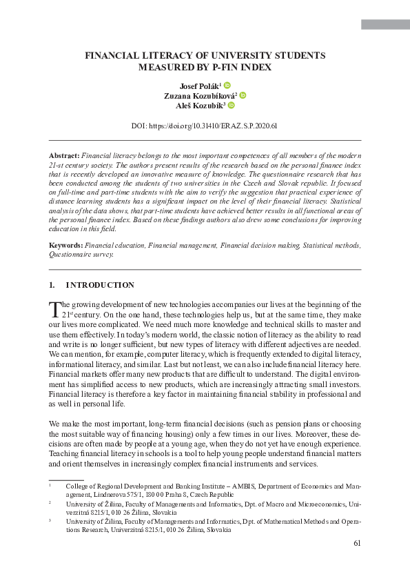 (PDF) Financial Literacy of University Students Measured by P-Fin Index