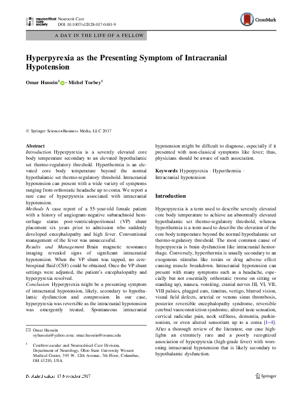 (PDF) Hyperpyrexia as the Presenting Symptom of Intracranial Hypotension