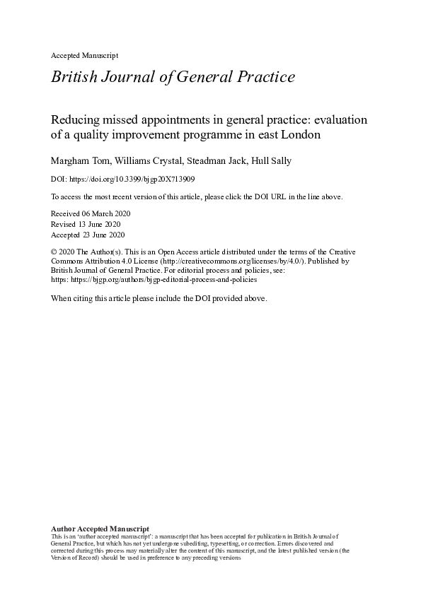 Pdf Reducing Missed Appointments In General Practice Evaluation Of A Quality Improvement