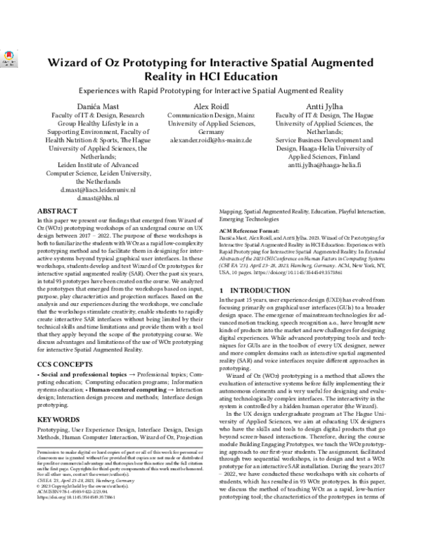 (PDF) Wizard of Oz Prototyping for Interactive Spatial Augmented Reality in HCI Education
