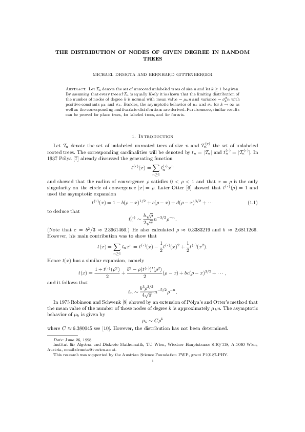 (PDF) The distribution of nodes of given degree in random trees