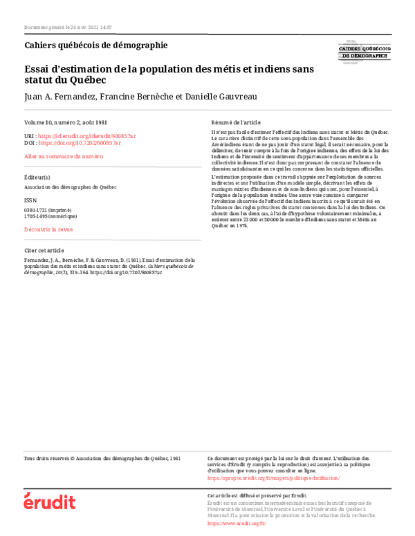 (PDF) Essai d’estimation de la population des métis et indiens sans ...