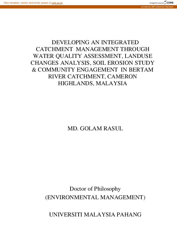 Pdf Developing An Integrated Catchment Management Through Water Quality Assessment Landuse