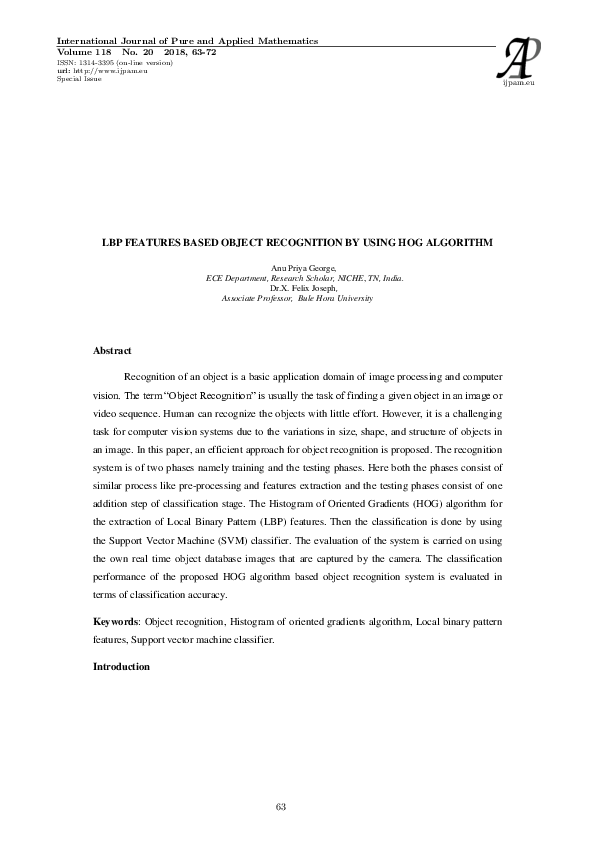 Pdf Lbp Features Based Object Recognition By Using Hog Algorithm 5783