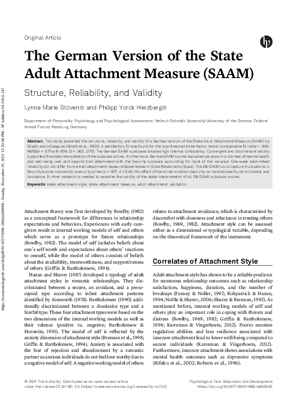 (PDF) The German Version of the State Adult Attachment Measure (SAAM)