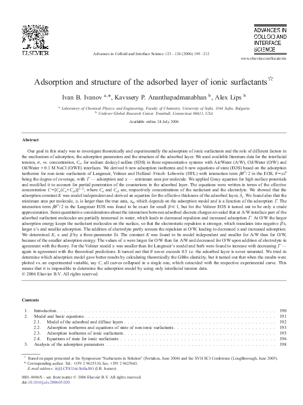 (PDF) Adsorption and structure of the adsorbed layer of ionic surfactants