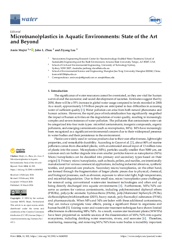 (PDF) Micro(nano)plastics in Aquatic Environments: State of the Art and Beyond
