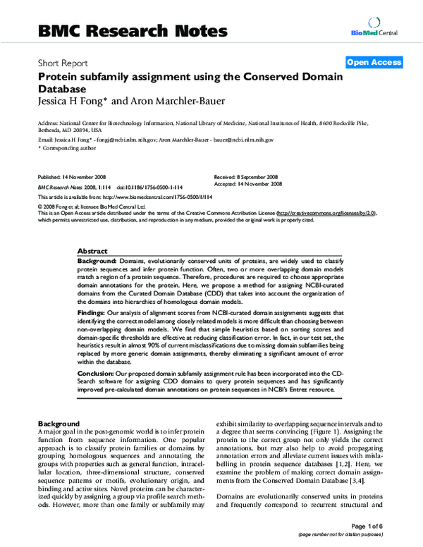 (PDF) Protein subfamily assignment using the Conserved Domain Database