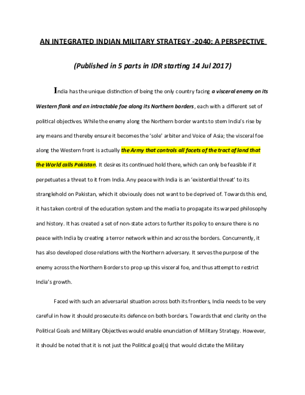 (DOC) AN INTEGRATED INDIAN MILITARY STRATEGY 2040 A PERSPECTIVE