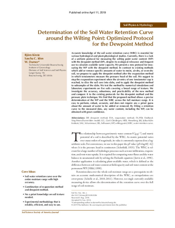 (PDF) Determination of the Soil Water Retention Curve around the Wilting Point: Optimized ...
