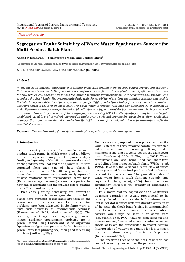 (PDF) Segregation Tanks Suitability of Waste Water Equalization Systems ...