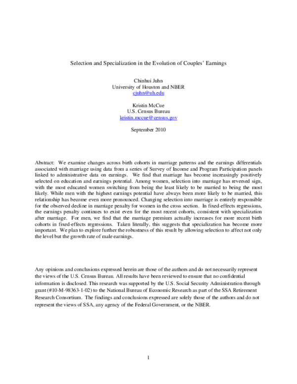 (PDF) Selection and Specialization in the Evolution of Couples' Earnings