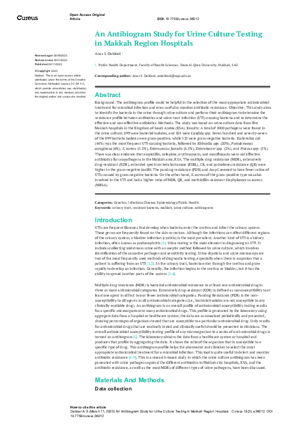 (PDF) An Antibiogram Study for Urine Culture Testing in Makkah Region ...