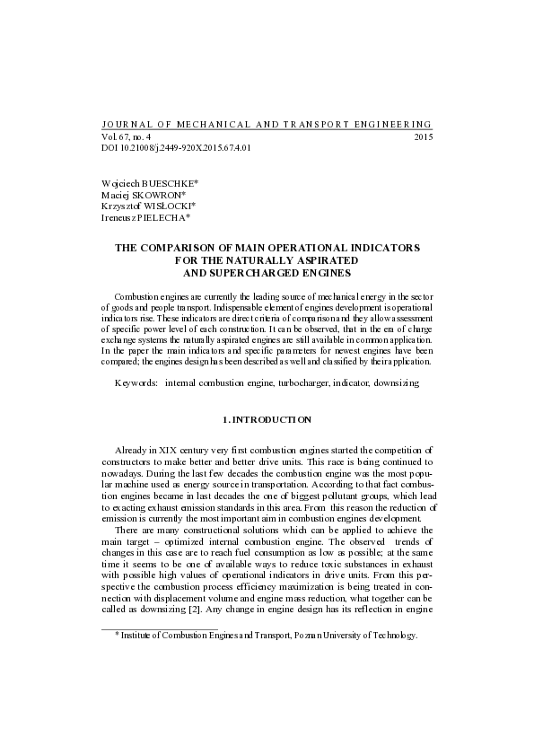 (PDF) The comparison of main operational indicators for the naturally aspirated and supercharged ...