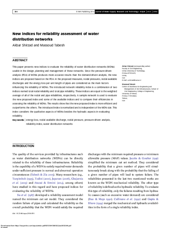 (PDF) New indices for reliability assessment of water distribution networks