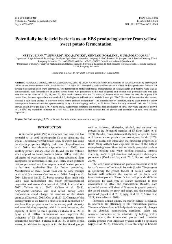 (PDF) EPS-Producing Lactic Acid Bacteria from Yellow Sweet Potato